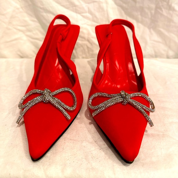 SHEIN | Shoes | Red Fabric Thin Heel Pump Worn Once Crystal Bow | Poshmark